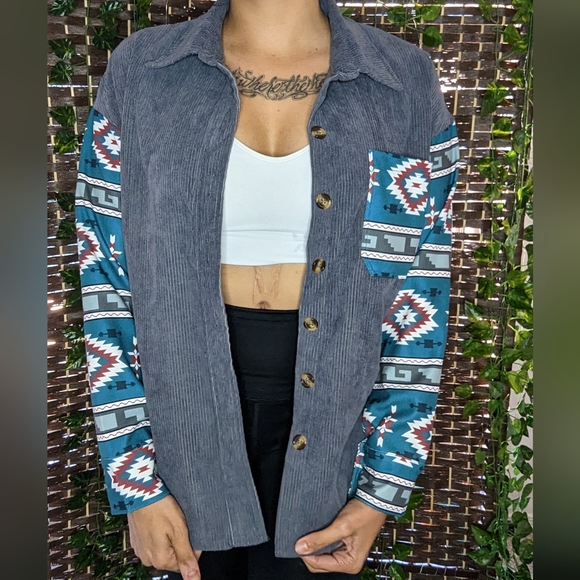 Tops | Nwt Grey Corduroy Aztec Print Shacket | Poshmark
